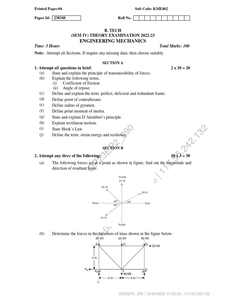 Btech Math 4 Sem Engineering Mechanics Kme 402 2023 | PDF | Bending ...