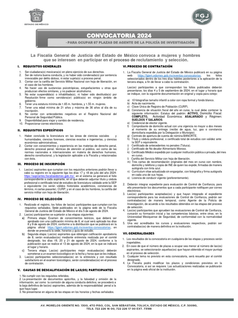 Convocatoria Pdi 2024 Pgjedomex | PDF | Documento de identidad