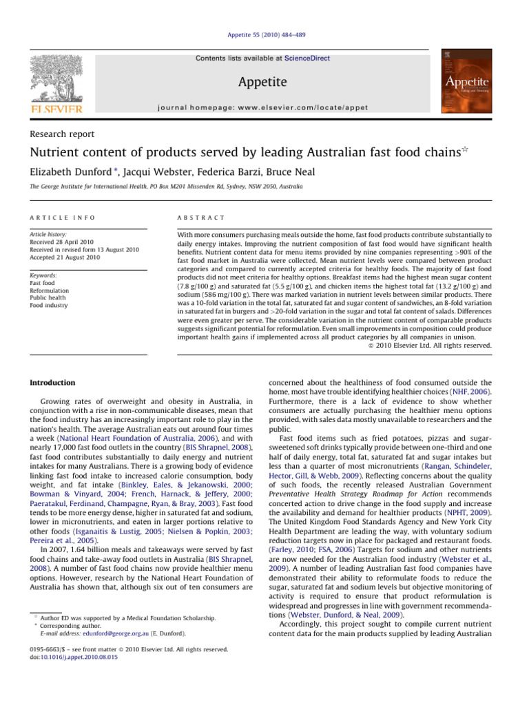 Nutrient Analysis of Fast Food in Australia | PDF | Fast Food | Fat