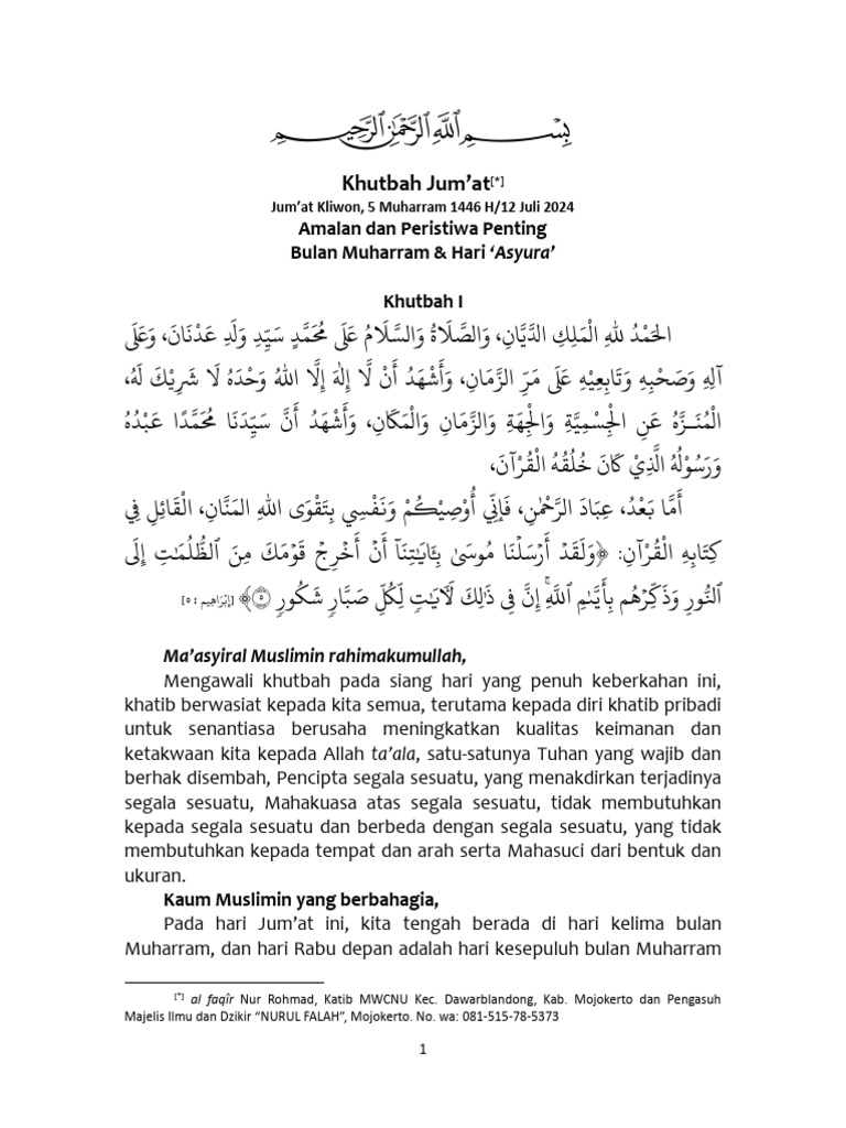 Khutbah Jumat Amalan Dan Peristiwa Penting Muharram Dan Asyura | PDF