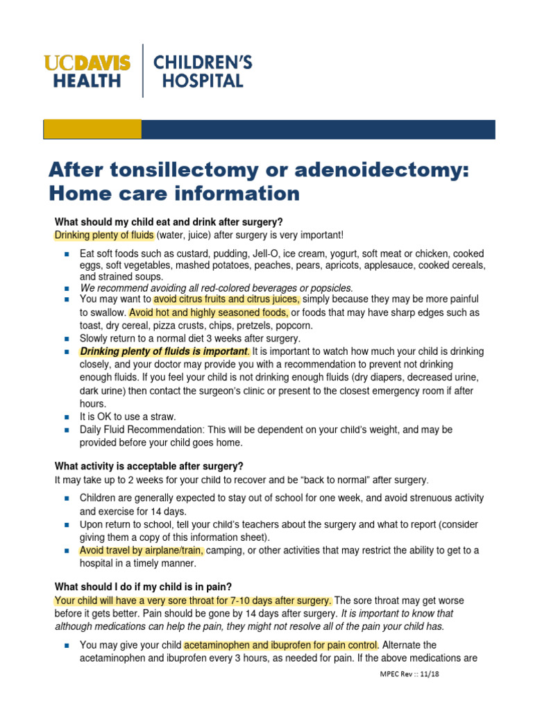 Pediatric Tonsillectomy Home Care | PDF | Foods | Fever