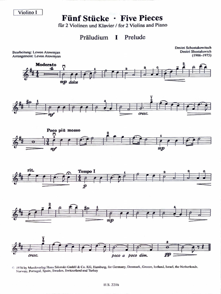 D. Shostakovich - Five Pieces For Two Violins and Piano (Violin I) . | PDF