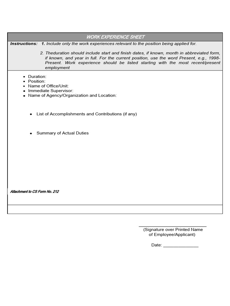 CS Form No. 212 Attachment - Work Experience Sheet | PDF