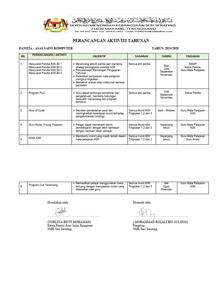 PERANCANGAN AKTIVITI PANITIA ASK 2024 | PDF