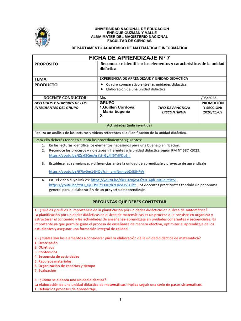 FICHA DE APRENDIZAJE N° 7 | PDF | Aprendizaje | Evaluación