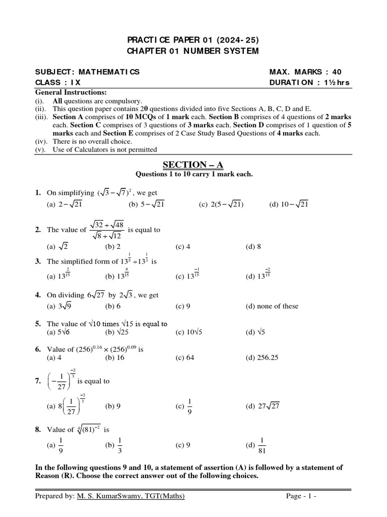 Maths-Class-Ix-Chapter-1 Number System, Worksheet | PDF | Numbers | Decimal