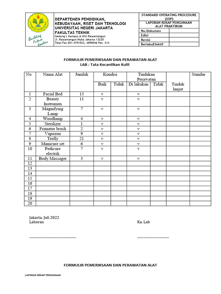 SOP Rekap Penggunaan Alat Praktikum UNJ | PDF