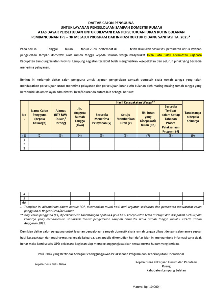 TPS 3R - Format Berita Acara Kesepakatan Warga Untuk Layanan TPS 3R | PDF