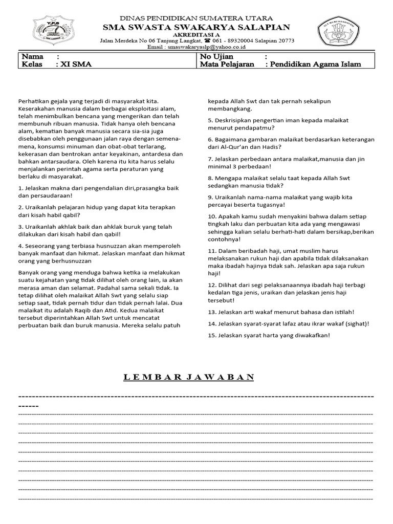 Soal Pendidikan Agama Islam Kelas X UTS Semester GENAP 2024 SMAS SWAKARYA | PDF | Pengembangan ...