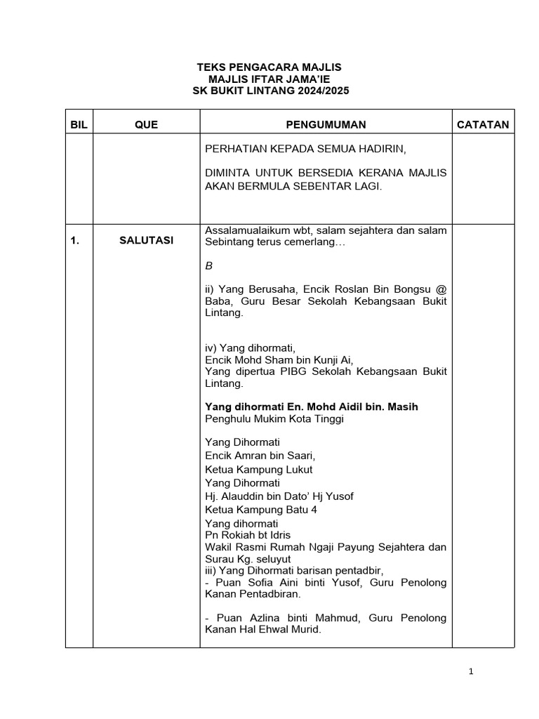 Teks Pengacara Majlis Iftar Jamaie 2024 | PDF