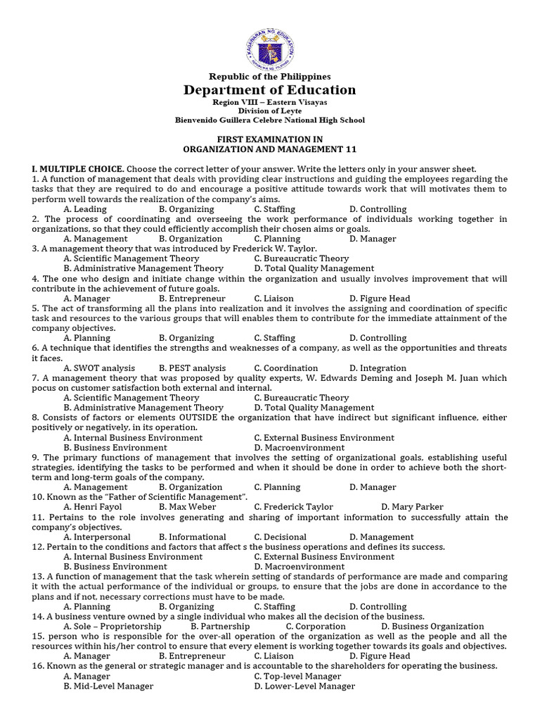 TQ - Q1 - Organization and Management 11 | PDF | Goal | Swot Analysis