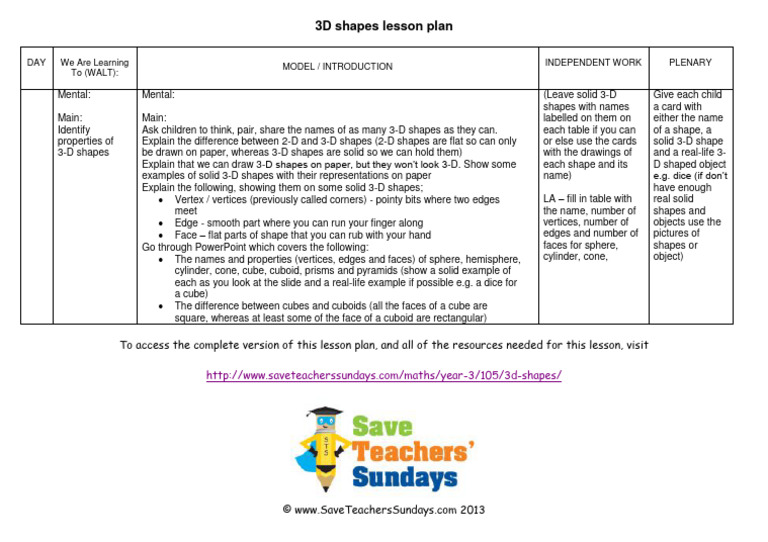 3D Shapes Lesson Plan | PDF | Shape | Vertex (Geometry)