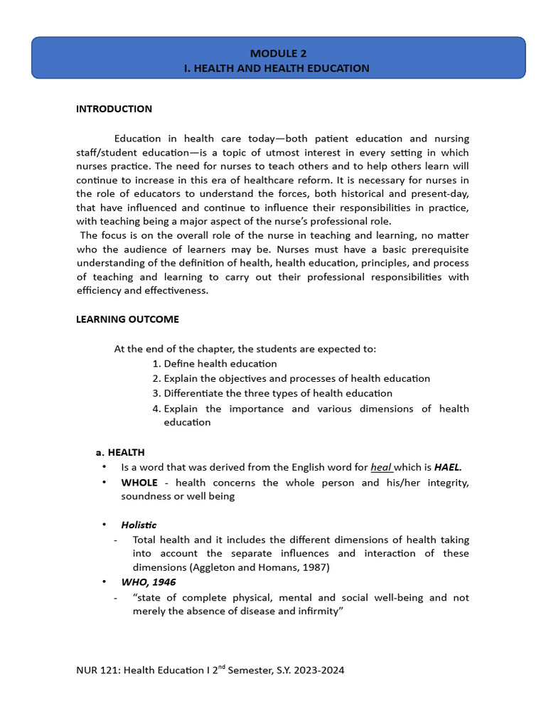 Module 2 I Health and Health Education | PDF | Health Education | Nursing
