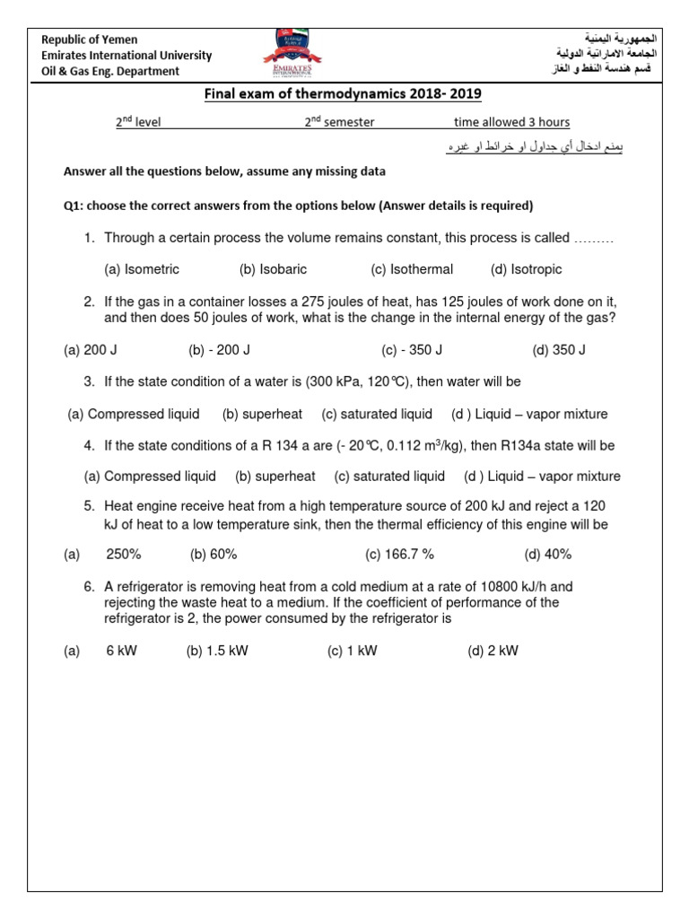 Final Exam Of Thermodynamics 2018 2019 2 Oil Pdf Gases Heat