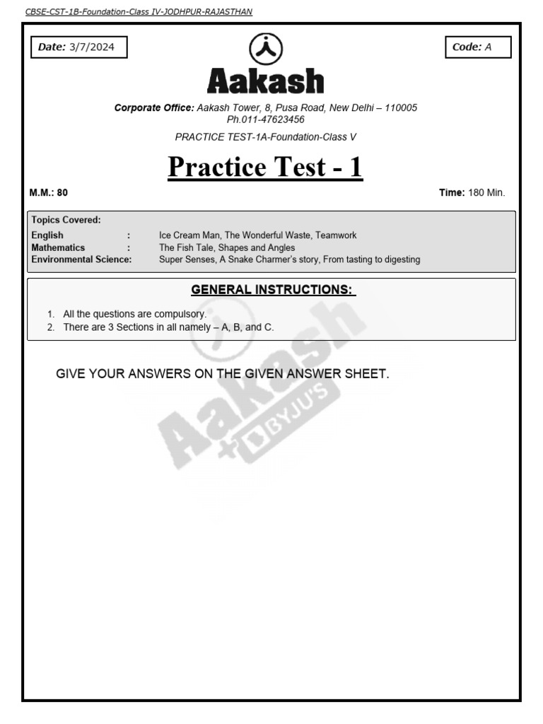 PRACTICE TEST-1 (ENGLISH, MATH, EVS) - 2024-25 - V | PDF | Angle