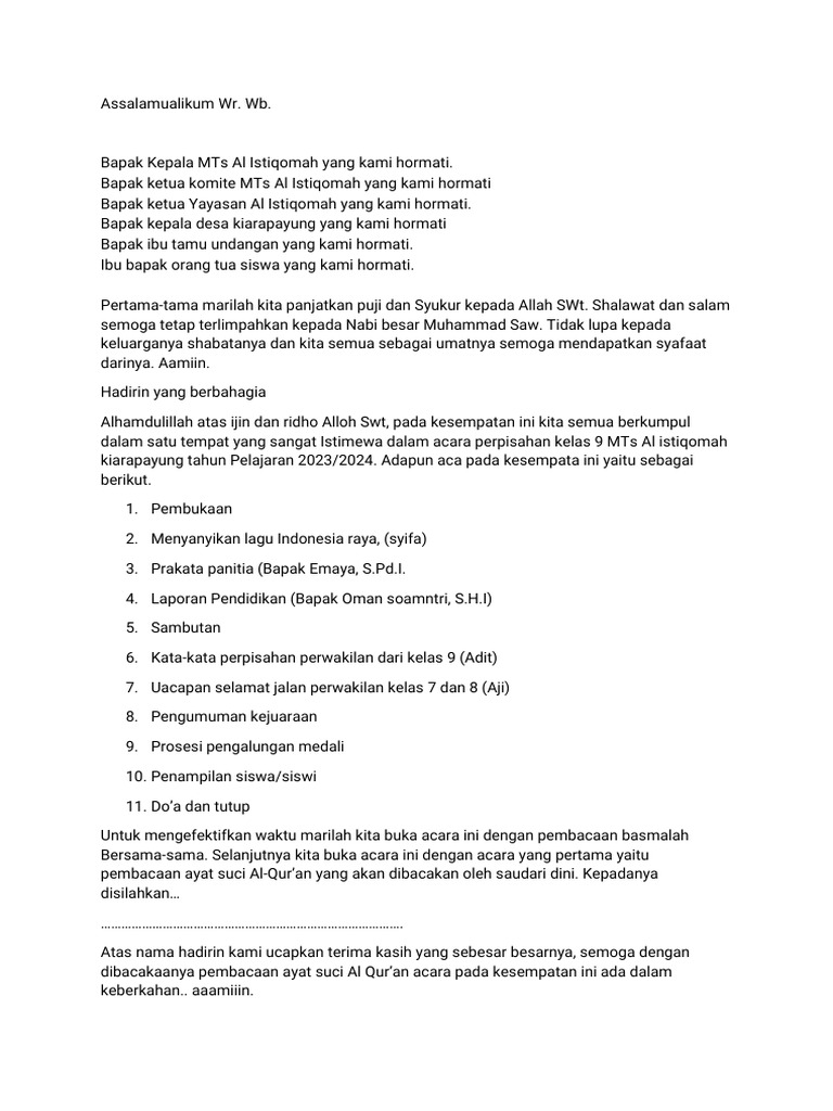 Teks MC Perpisahan MTs Al Istiqomah | PDF