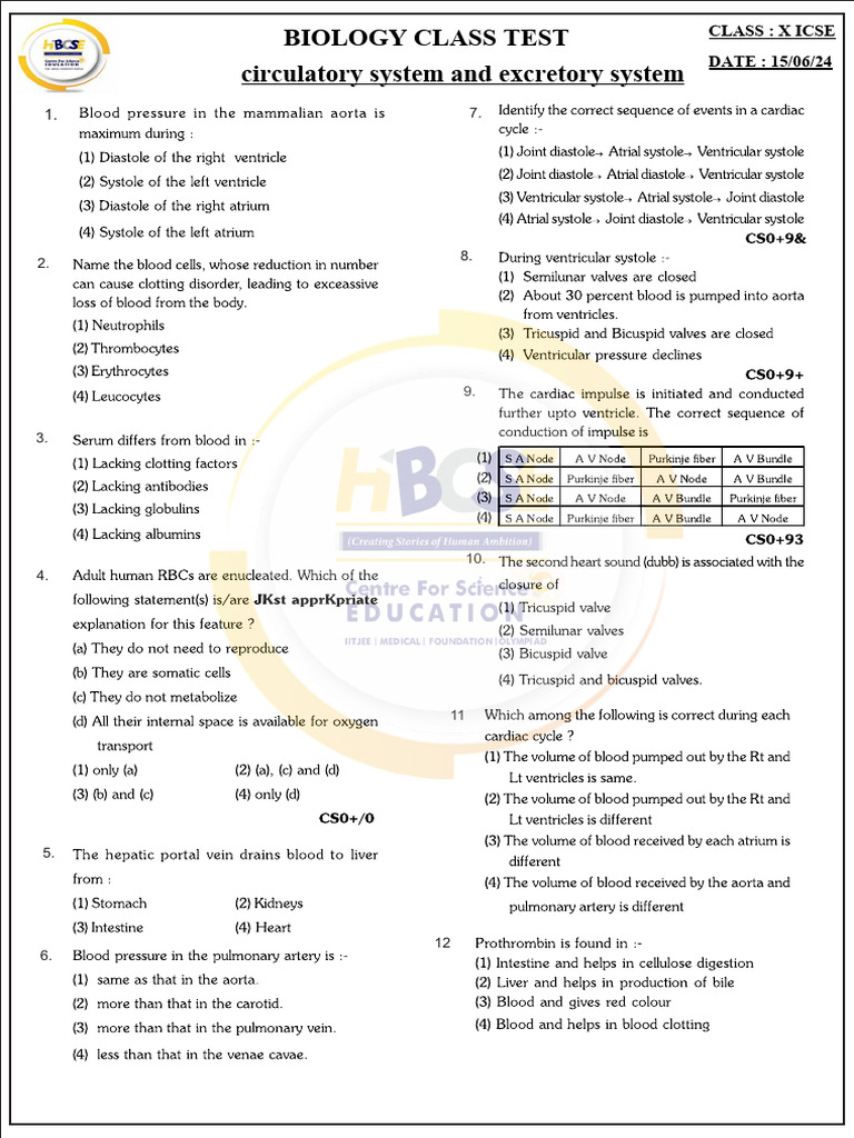 Circulatory System and Excretory System (CLASS TEST X ICSE) TELCO | PDF