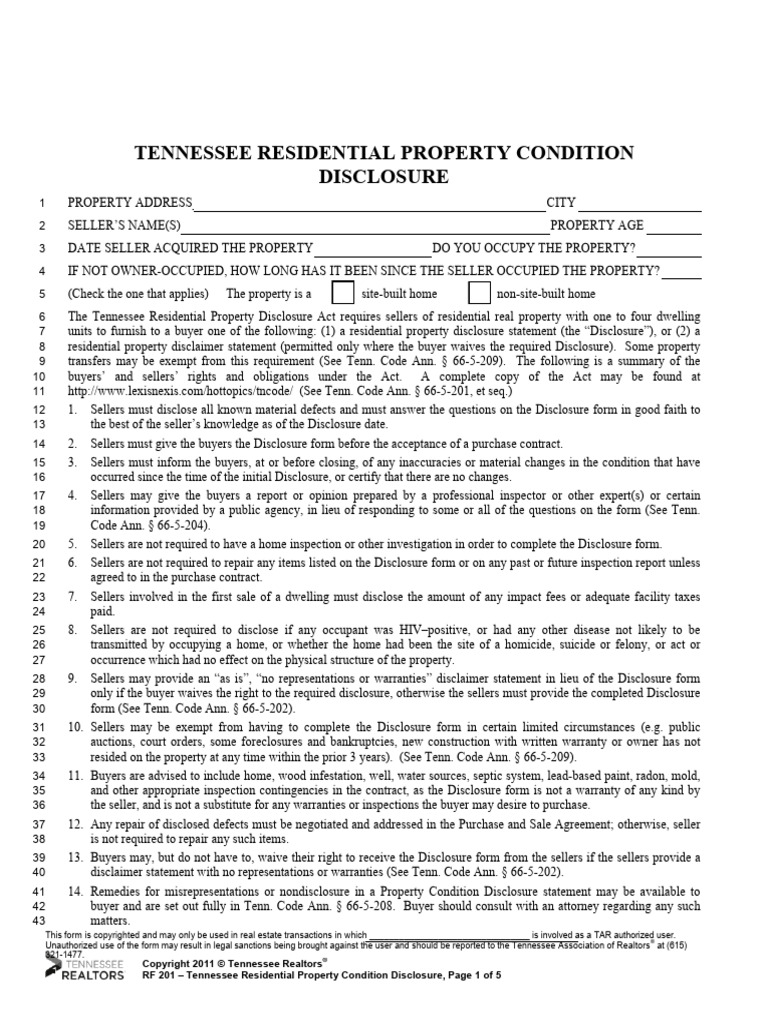 Tennessee Residential Property Condition Disclosure | PDF | Law