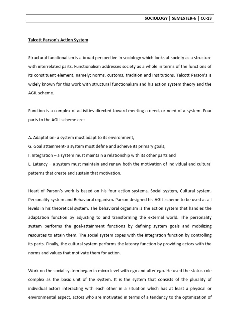 Sociology Semester-6 CC13 Talcott Parson's Action System | PDF | System ...