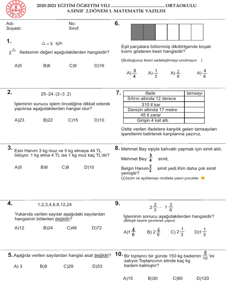 6 Snfmatematik2 Dnem1 Yazl | PDF