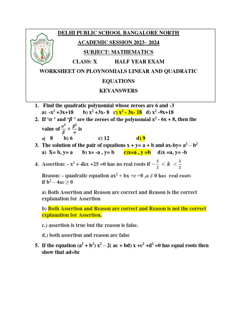Polynomials, Pair of Linear Eqns & Quadratic Eqns HYE Rev WS AK | PDF | Quadratic Equation ...