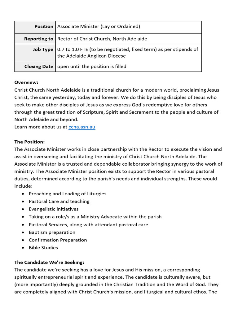 Associate Minister Position Overview | PDF | Jesus | Anglicanism