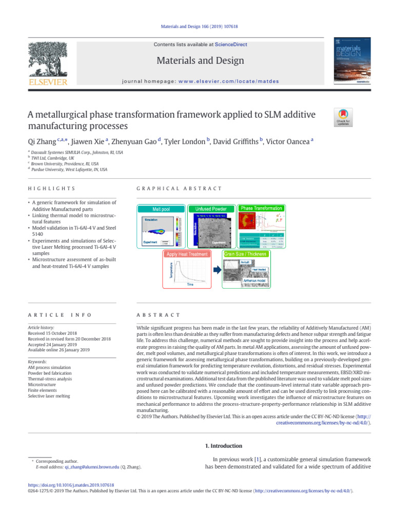 A Metallurgical Phase Transformation Framework Applied To SLM Additive Manufacturing Processes ...