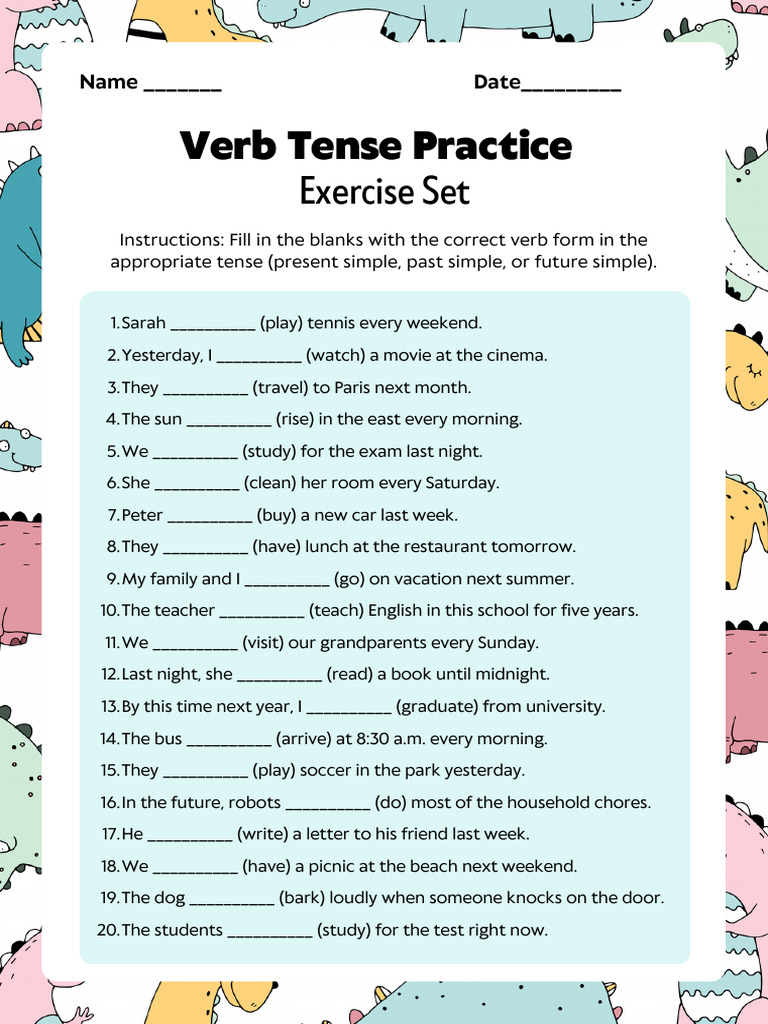 Colorful Pattern Elementary English Grammar Simple Tense Worksheet ...