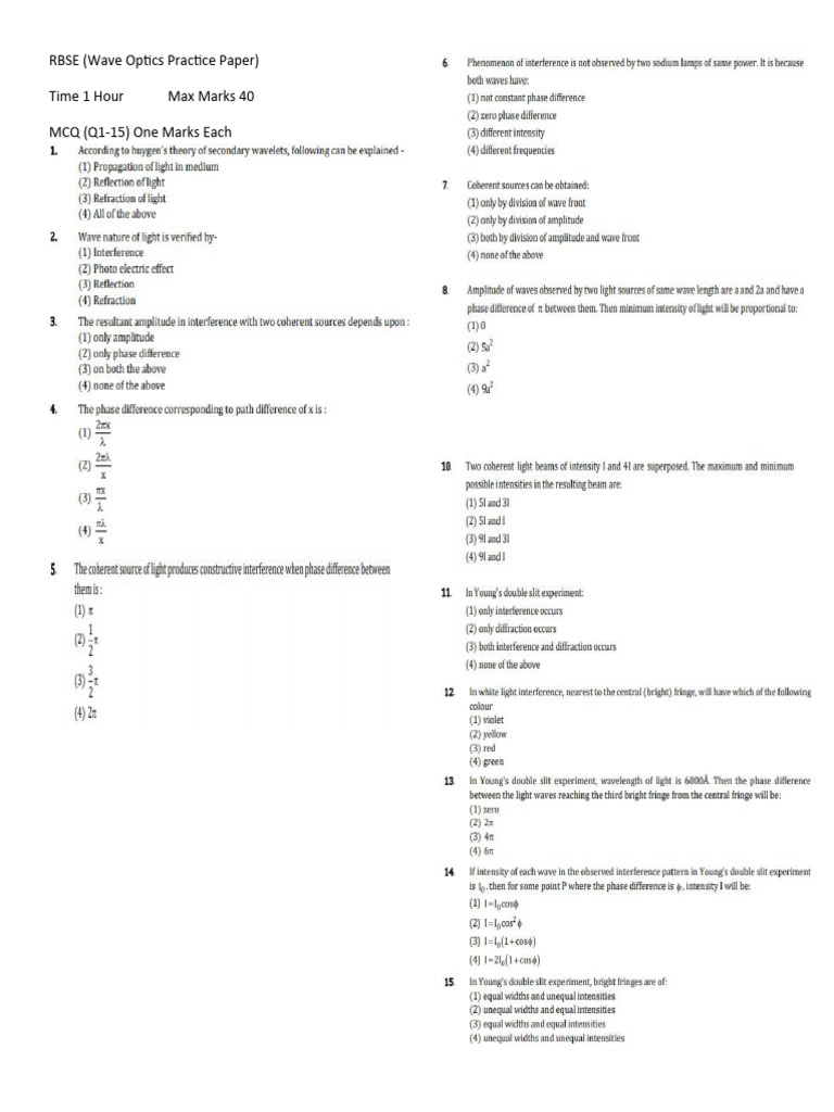 RBSE Wave Optics Practice Paper | PDF | Science & Mathematics