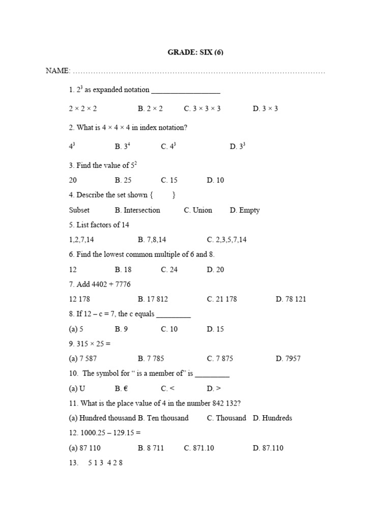 Grade 6 Math Practice Questions | PDF | Abstract Algebra | Mathematical Notation