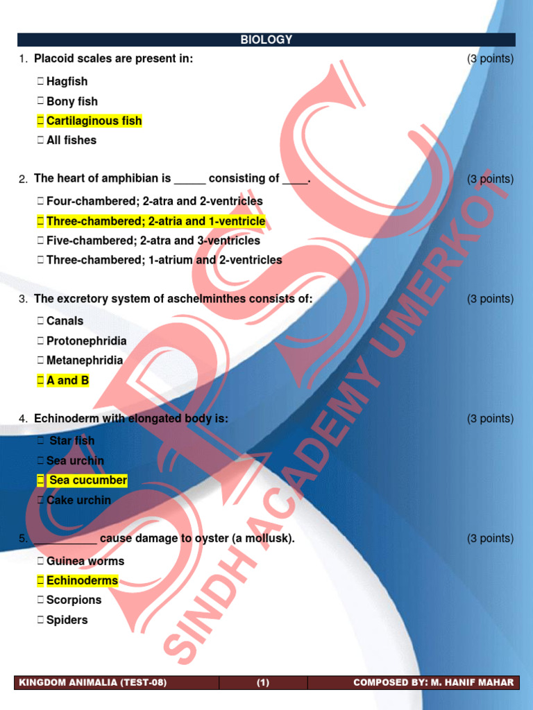 Animalia Test | PDF | Zoology