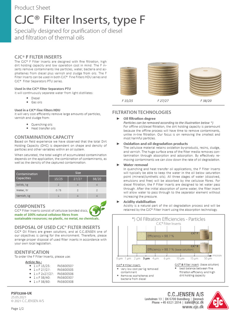 Product Sheet CJC Filter Inserts Type F PSFI3208-UK | PDF | Filtration ...