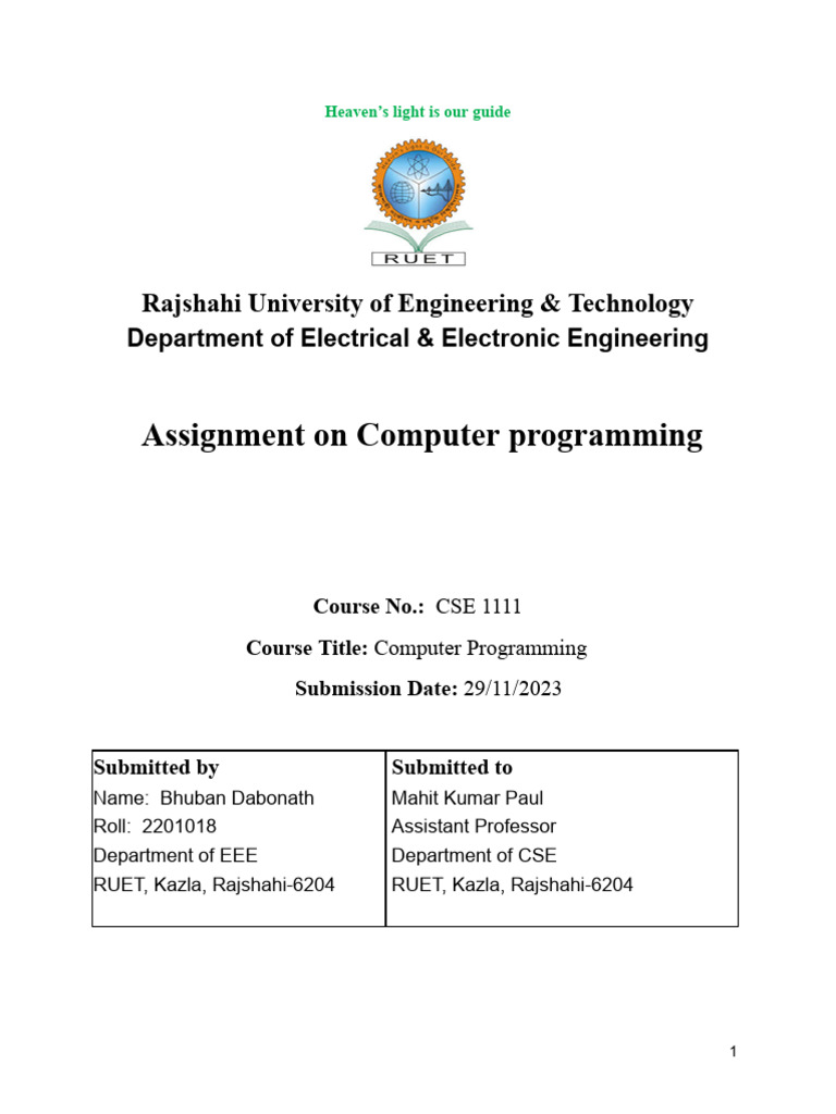 Assignment On Computer Programming: Rajshahi University of Engineering & Technology | PDF ...