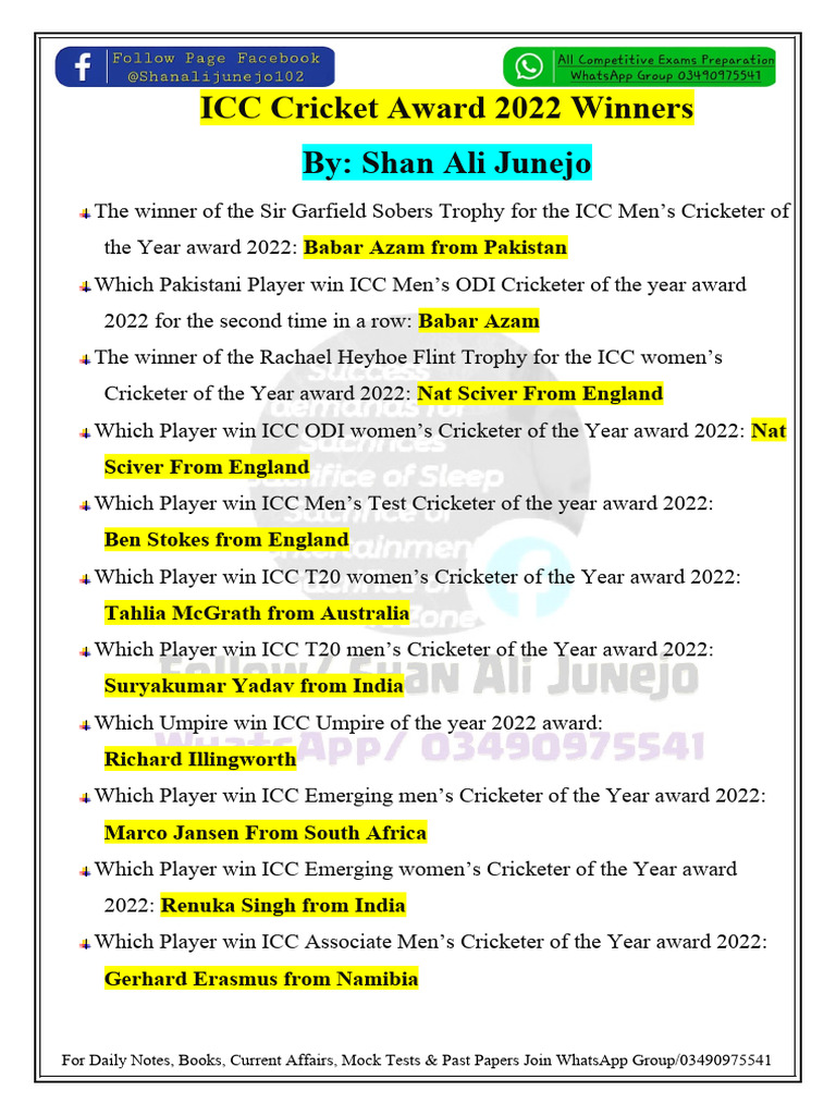 Awards and Hockey World Cup Sports GK by Shan Ali Junejo | PDF | England Cricket Team | Cricket
