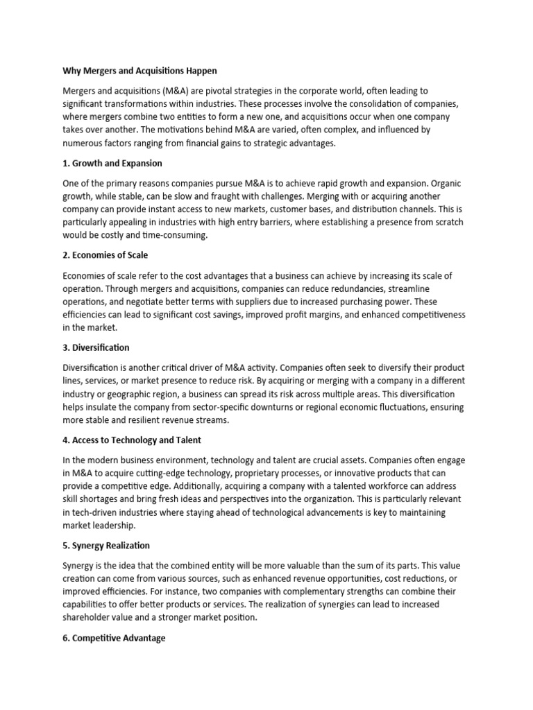 Why M&As Happen | PDF | Mergers And Acquisitions | Competitive Advantage Why M&As Happen | PDF | Mergers And Acquisitions | Competitive Advantage