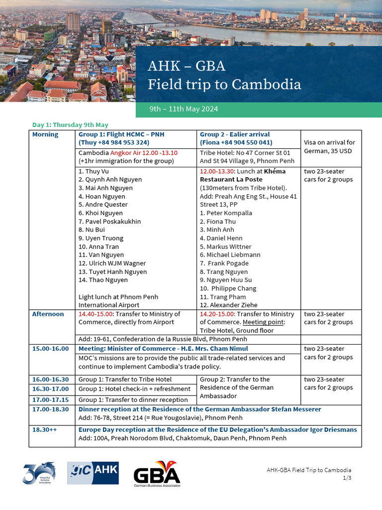 AHK GBA Field Trip To Cambodia May 2024 - Agenda 0705 | PDF | Cambodia