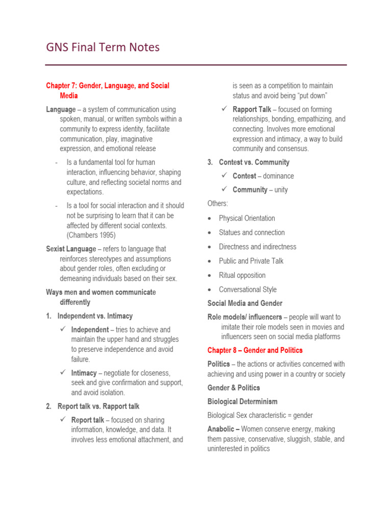 GNS Final Term Notes | PDF | Violence | Woman
