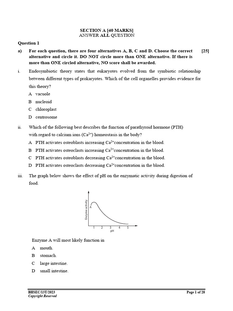 BHSEC 2023 Biology Final 1 QP | PDF | Translation (Biology) | Genetic Code