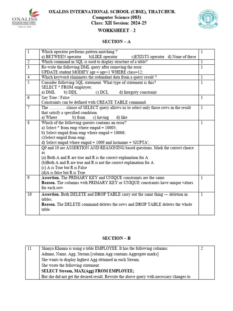 CBSE Class 12 Computer Science SQL Worksheet | PDF | Information ...