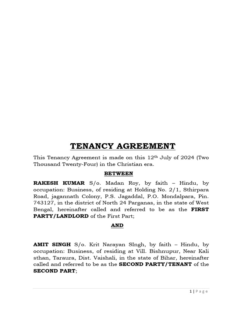 Tenancy Agreement of AMIT SINGH | PDF | Leasehold Estate | Landlord ...