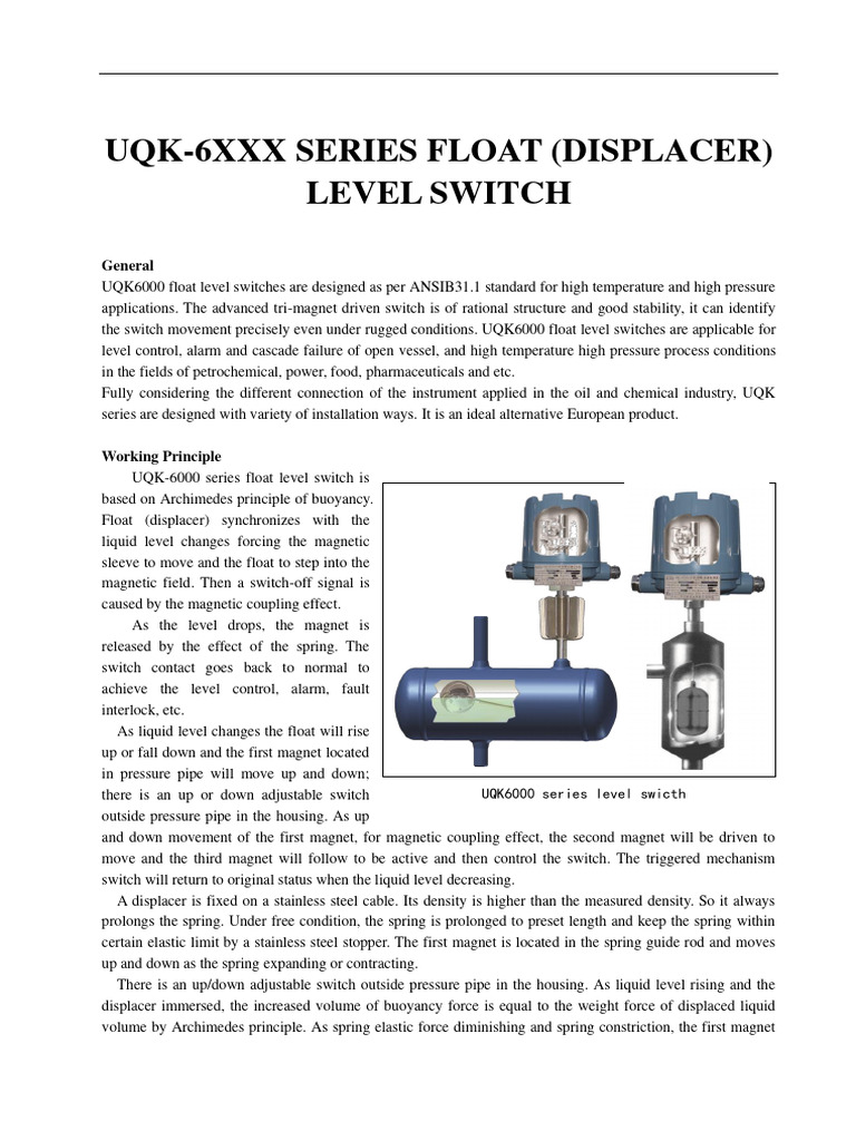 Level Switch FLOAT (DISPLACER) UQK6000 | PDF | Buoyancy | Switch