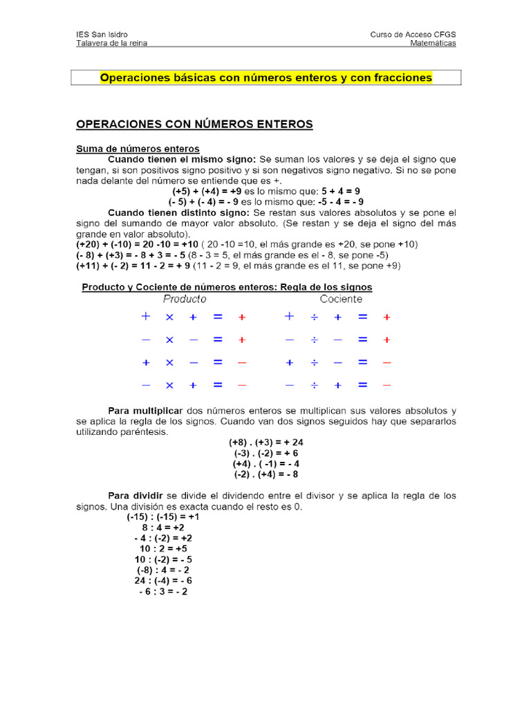 Documento Operaciones Básicas Con Números Enteros y Con Fracciones | PDF