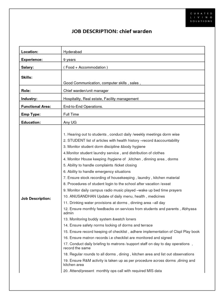 Chief Warden Job Description in Hospitality | PDF