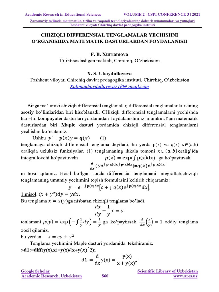 Chiziqli Differensial Tenglamalar Yechishni o Rganishda Matematik ...