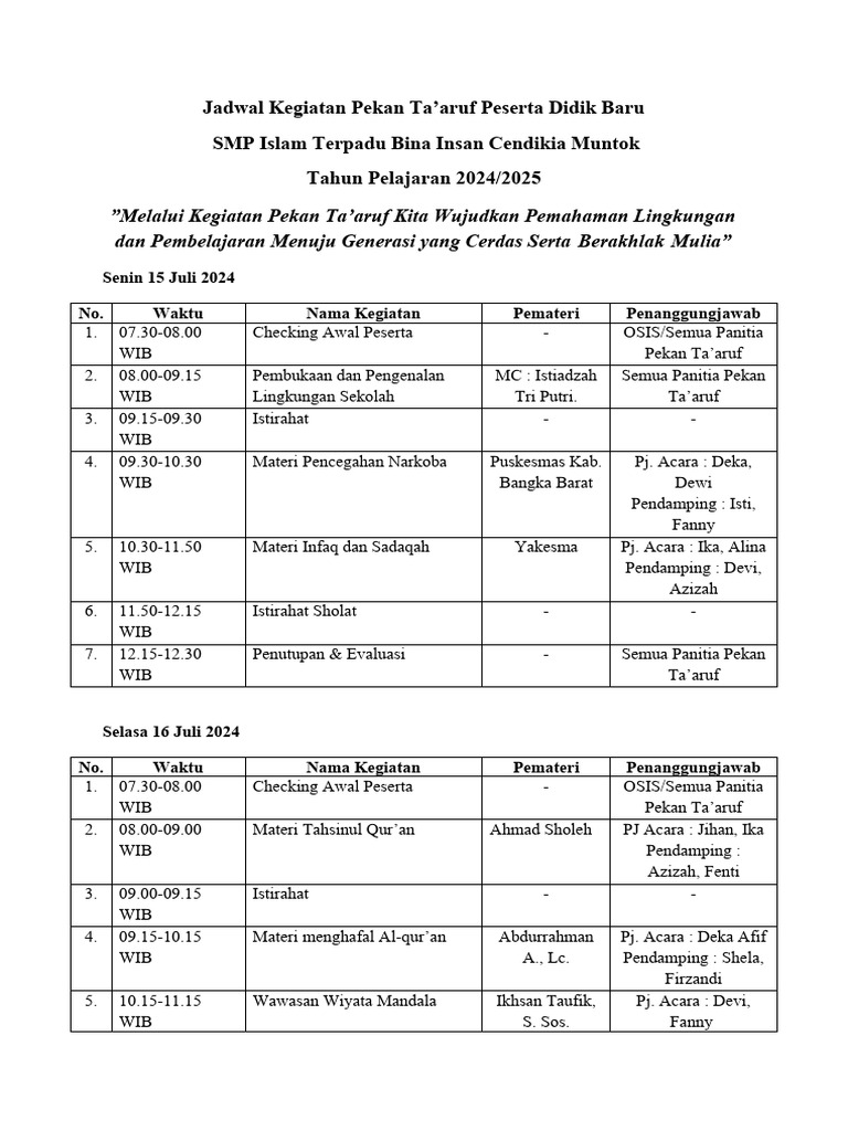 Jadwal Kegiatan MPLS 2024 | PDF