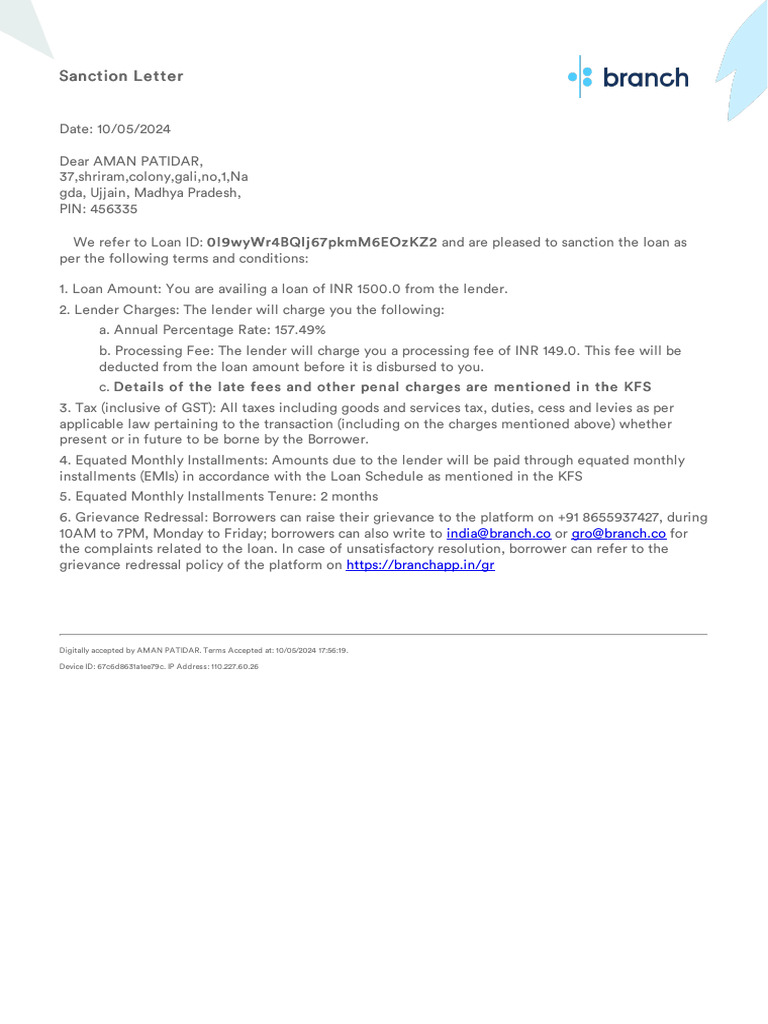 Loan Sanction Letter Details | PDF | Business | Finance & Money Management