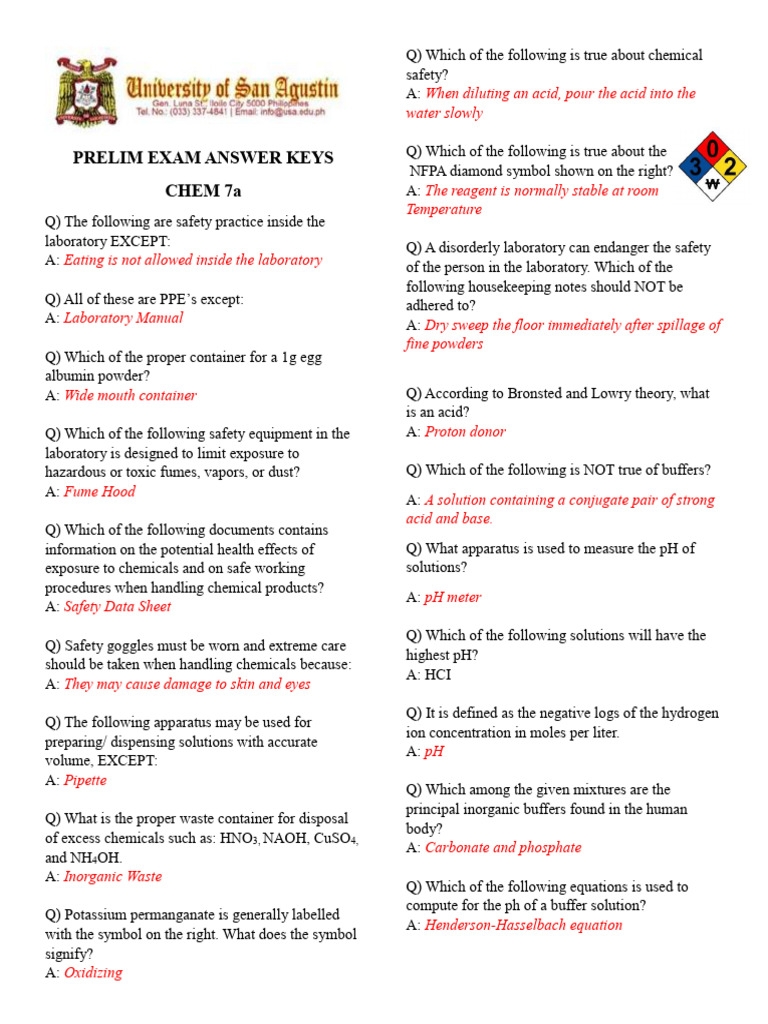 Prelim Exam Answer Keys Chem 7a Lab | PDF | Acid | Buffer Solution