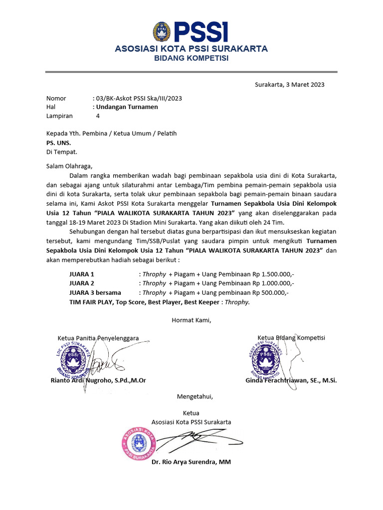 Proposal Turnamen Piala Walikota 2023-PS UNS | PDF