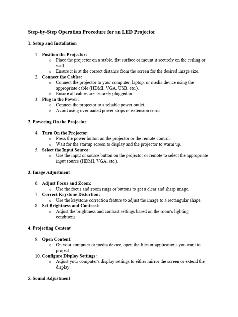 Step-by-Step Operation Procedure For An LED Projector: 1. Setup and ...