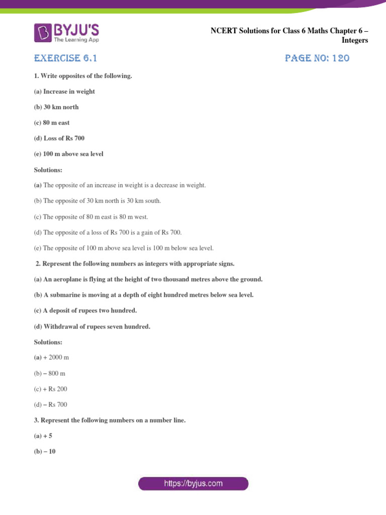 NCERT Solutions For Class 6 Maths Chapter 6 Integers | PDF | Sea Level | Integer